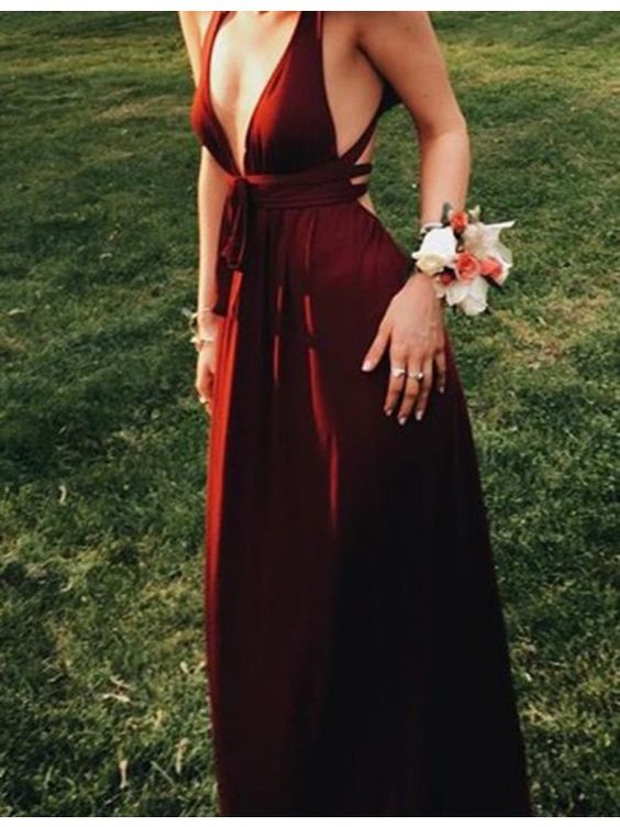 Burgundy Backless Prom Dress,Deep V Neck Prom Dress,Custom Made Evening ...