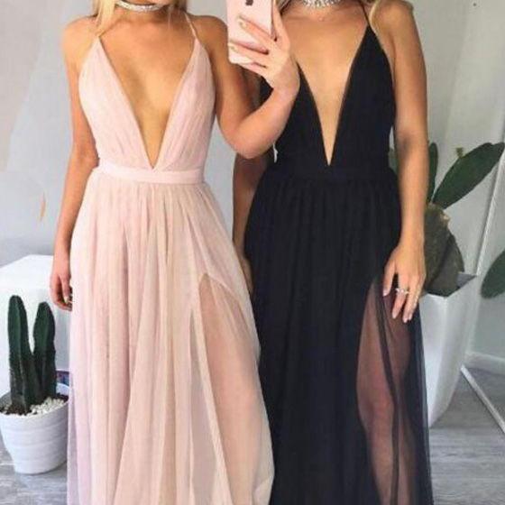 Sexy Deep V Neckline Party Prom Dresses, Black Tulle Evening Prom ...