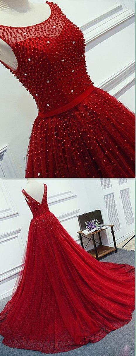 A-line Scoop Pearls Beads Red Prom Dress,long Tulle Evening Gowns on Luulla
