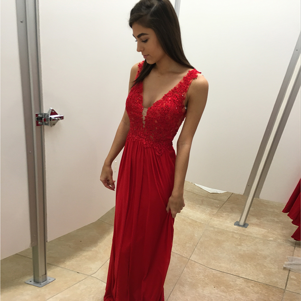 A-line V-neck Appliques Beads Long Chiffon Red Prom Dress,Long Prom ...