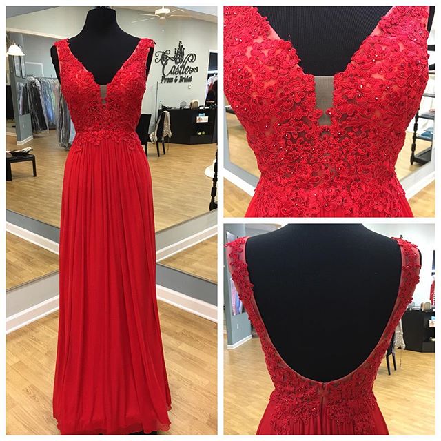 A-line V-neck Appliques Beads Long Chiffon Red Prom Dress,Long Prom ...